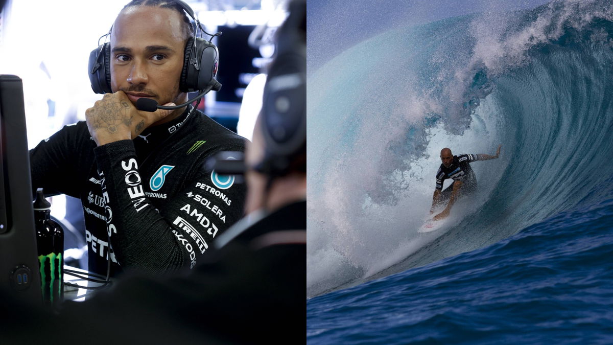 Lewis Hamilton Greets Surfing Legend in Mercedes Garage After Narrowly ...
